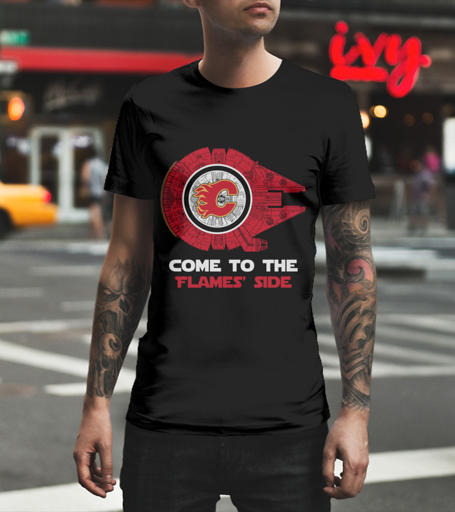 Come To The Flames' Side Calgary Flames Millennium Falcon T-Shirt