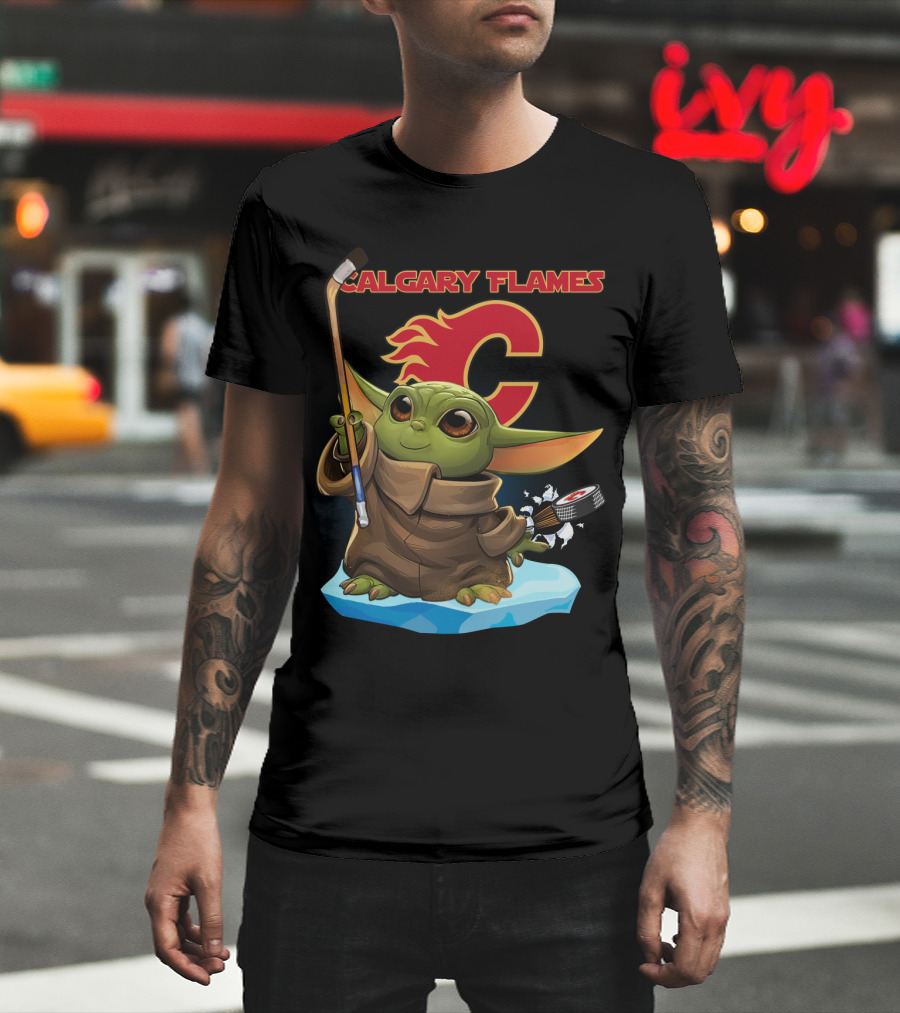 Calgary Flames Baby Yoda Hockey Puck T-Shirt