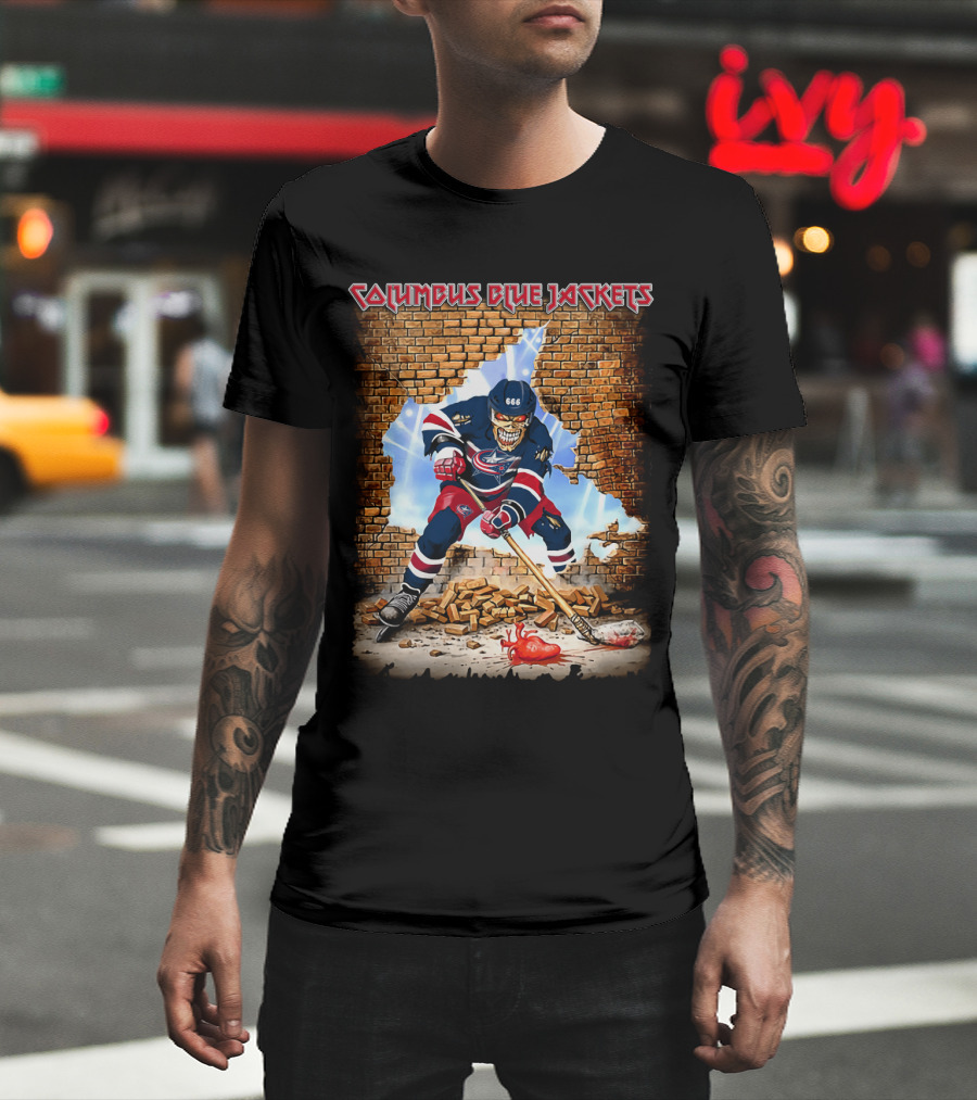 Columbus Blue Jackets Skeleton Hockey Player Breaking Brick Wall T-Shirt