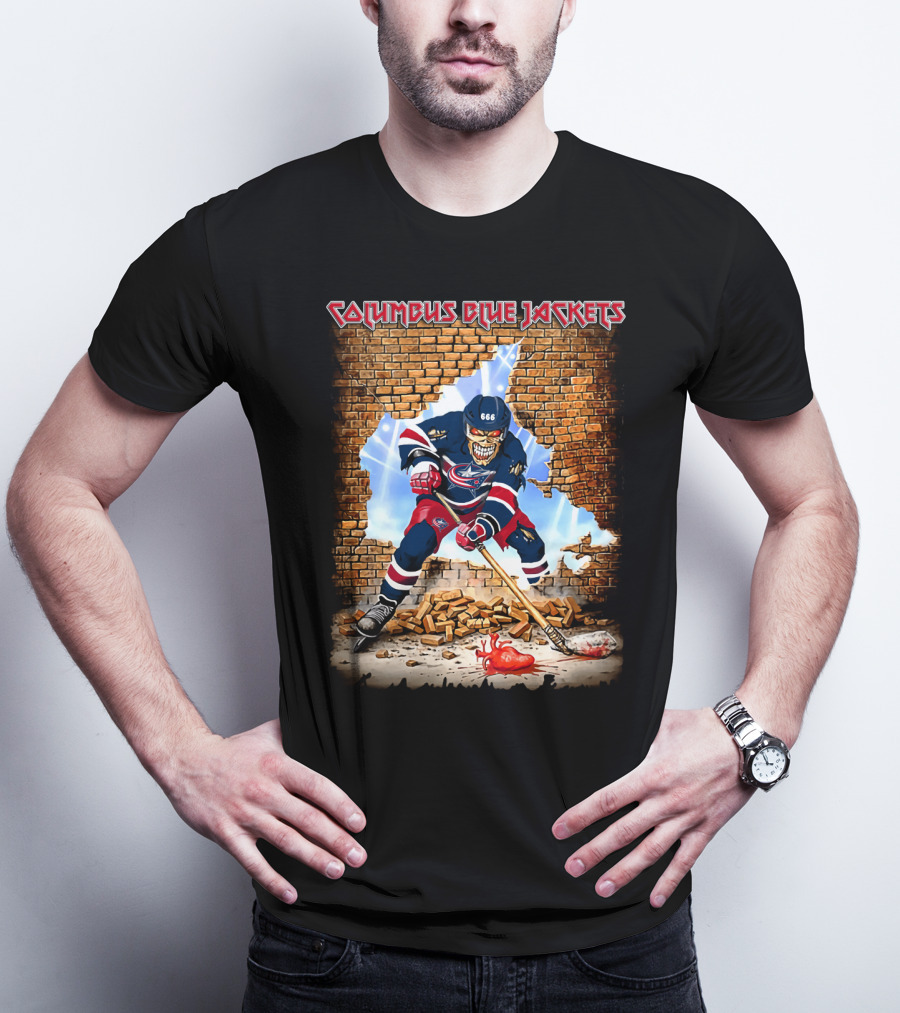 Columbus Blue Jackets Skeleton Hockey Player Breaking Brick Wall T-Shirt