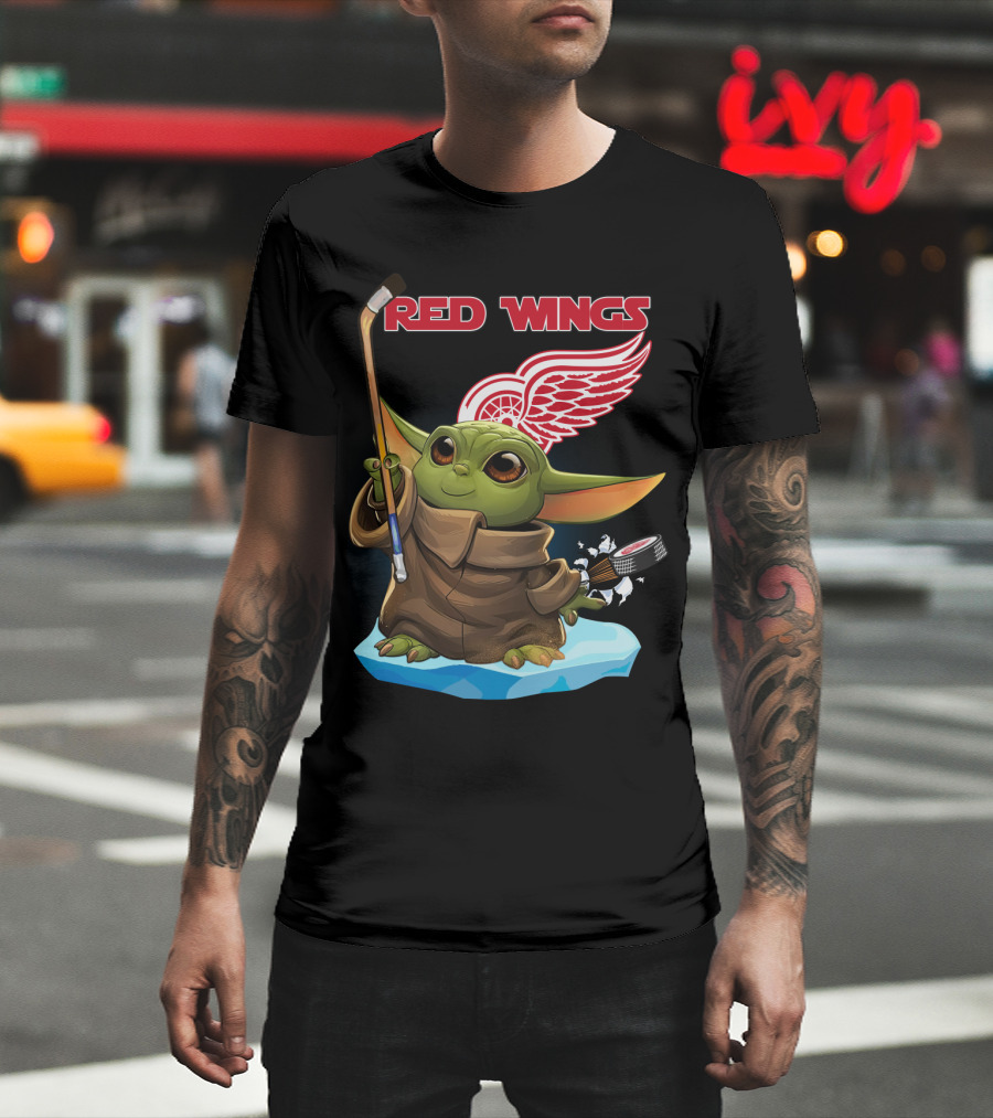 Red Wings Baby Yoda Hockey Stick NHL Frozen Puck T-Shirt