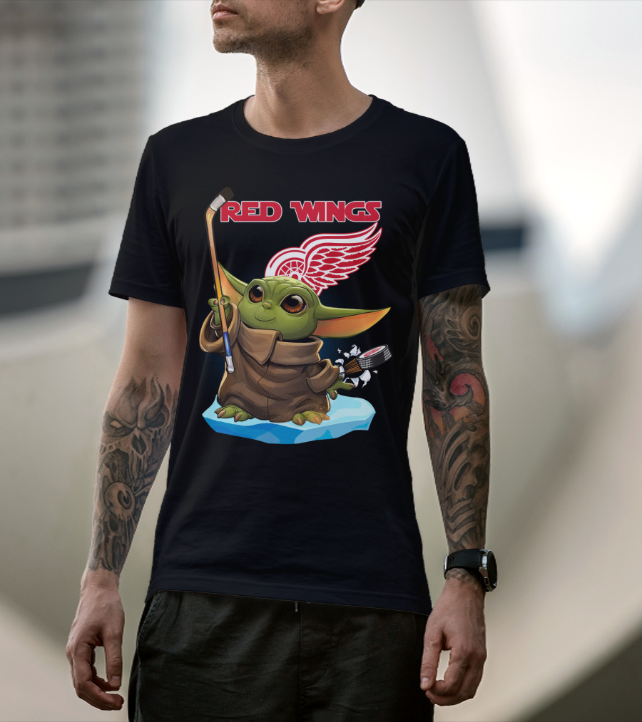 Red Wings Baby Yoda Hockey Stick NHL Frozen Puck T-Shirt