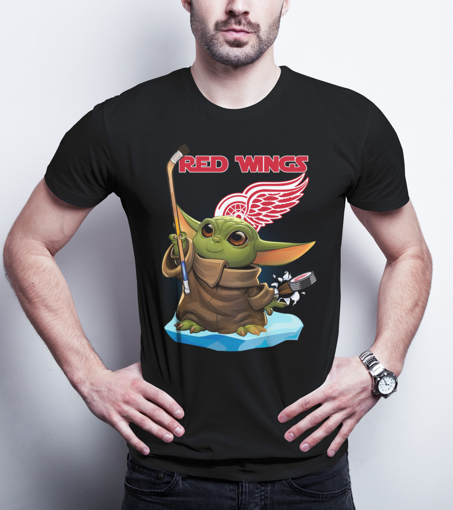 Red Wings Baby Yoda Hockey Stick NHL Frozen Puck T-Shirt