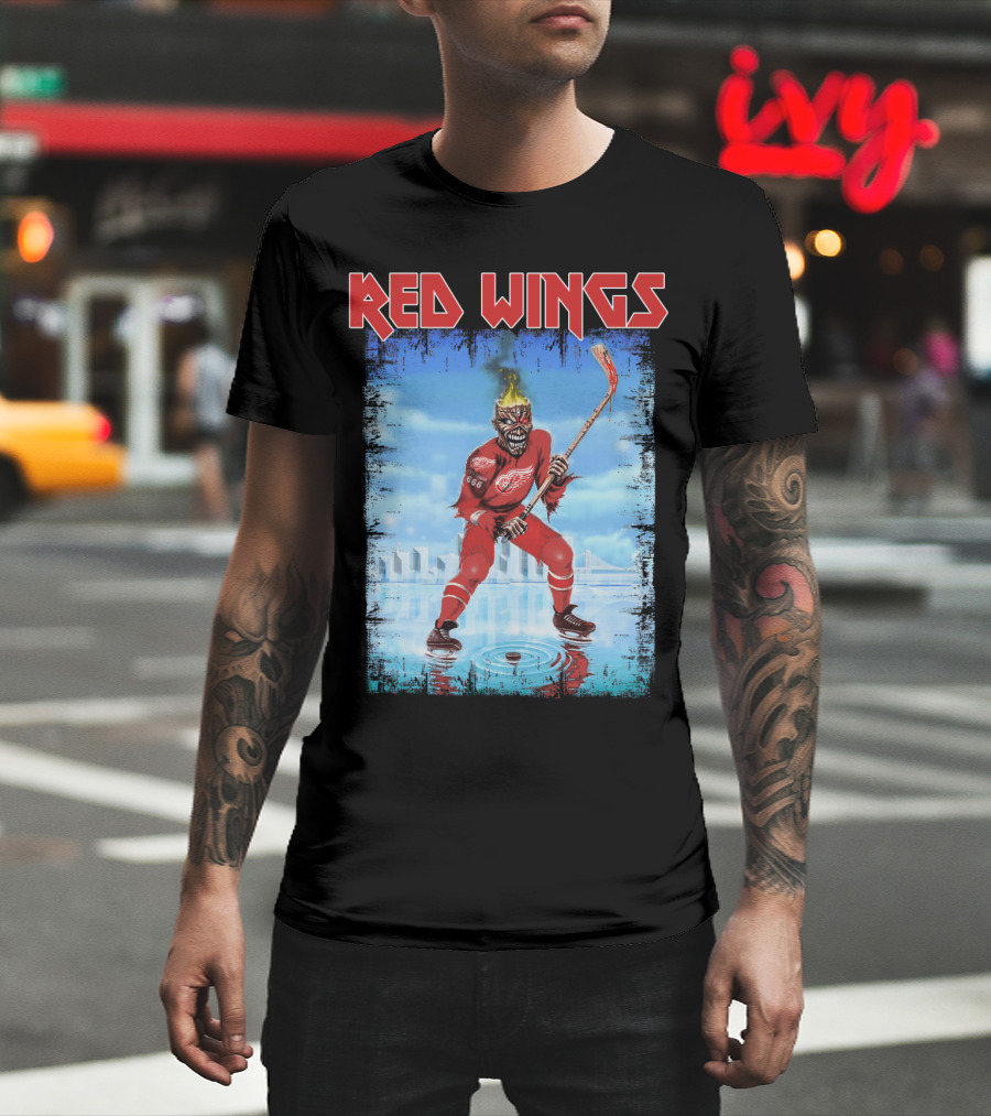 Red Wings Flaming Demon Hockey Player On Ice With Detroit Cityscape T-Shirt