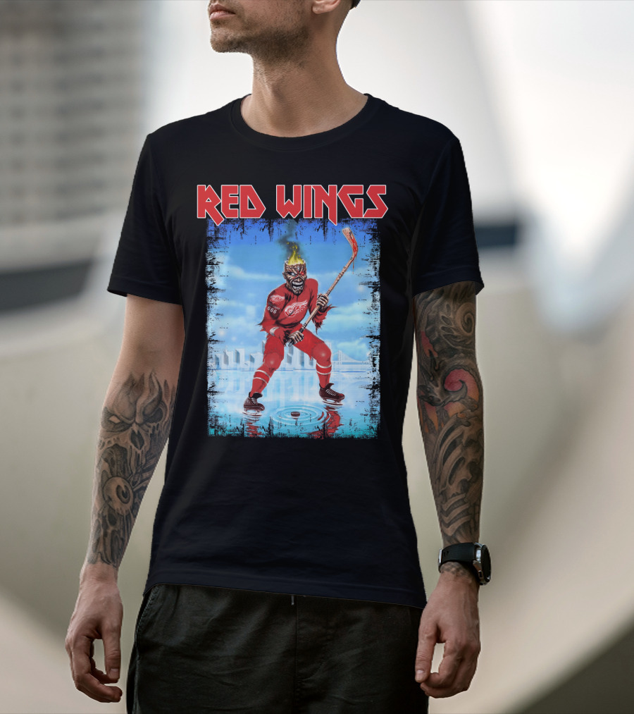Red Wings Flaming Demon Hockey Player On Ice With Detroit Cityscape T-Shirt