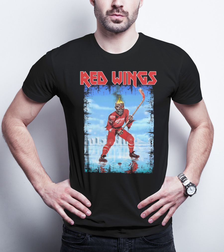 Red Wings Flaming Demon Hockey Player On Ice With Detroit Cityscape T-Shirt