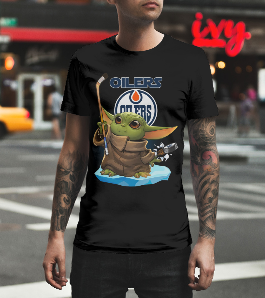 Baby Yoda Edmonton Oilers Hockey Crossover Fan T-Shirt