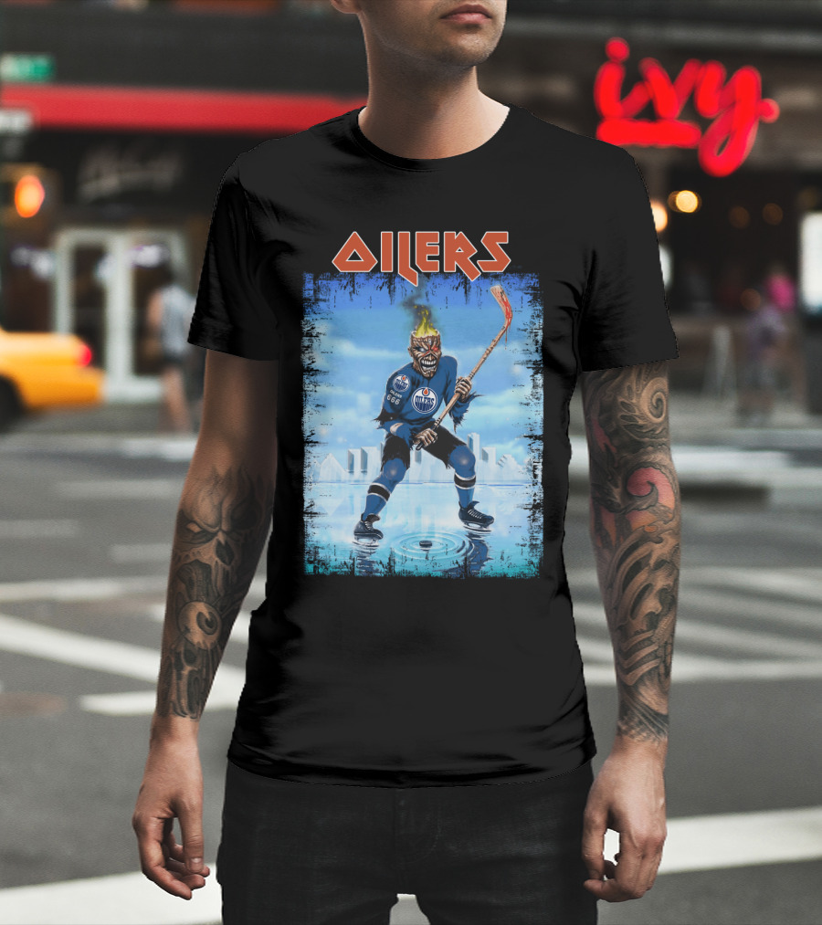 Oilers Edmonton Hockey Player With Fiery Skull And Hockey Stick T-Shirt