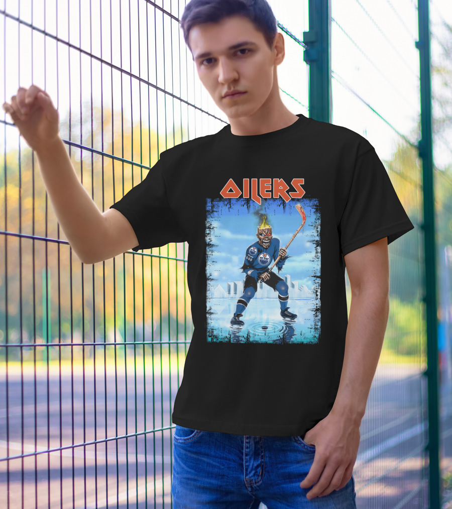 Oilers Edmonton Hockey Player With Fiery Skull And Hockey Stick T-Shirt