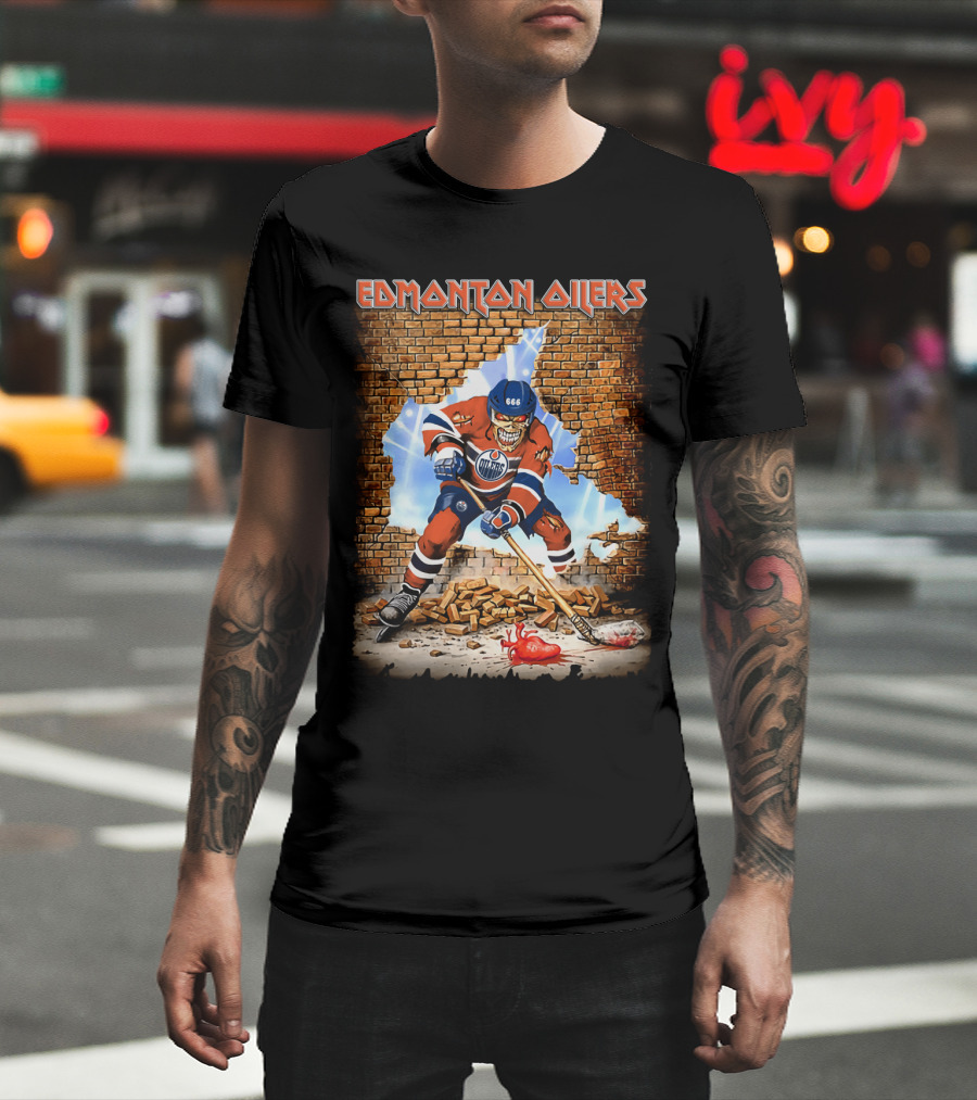 Edmonton Oilers Hockey Skeleton Breaks Through Brick Wall T-Shirt