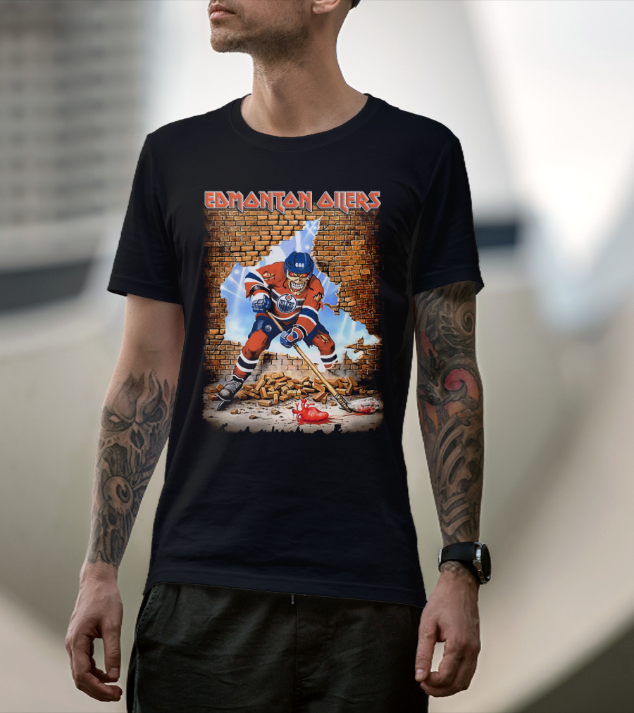 Edmonton Oilers Hockey Skeleton Breaks Through Brick Wall T-Shirt