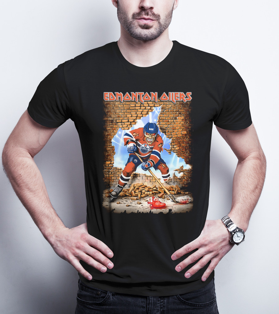 Edmonton Oilers Hockey Skeleton Breaks Through Brick Wall T-Shirt