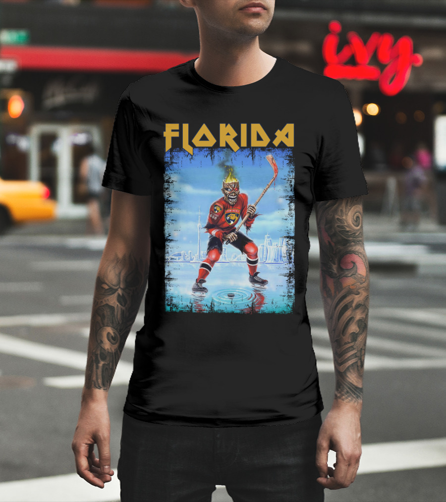 Florida Panthers Hockey Florida Ice Skeleton Hockey Player Flames T-Shirt