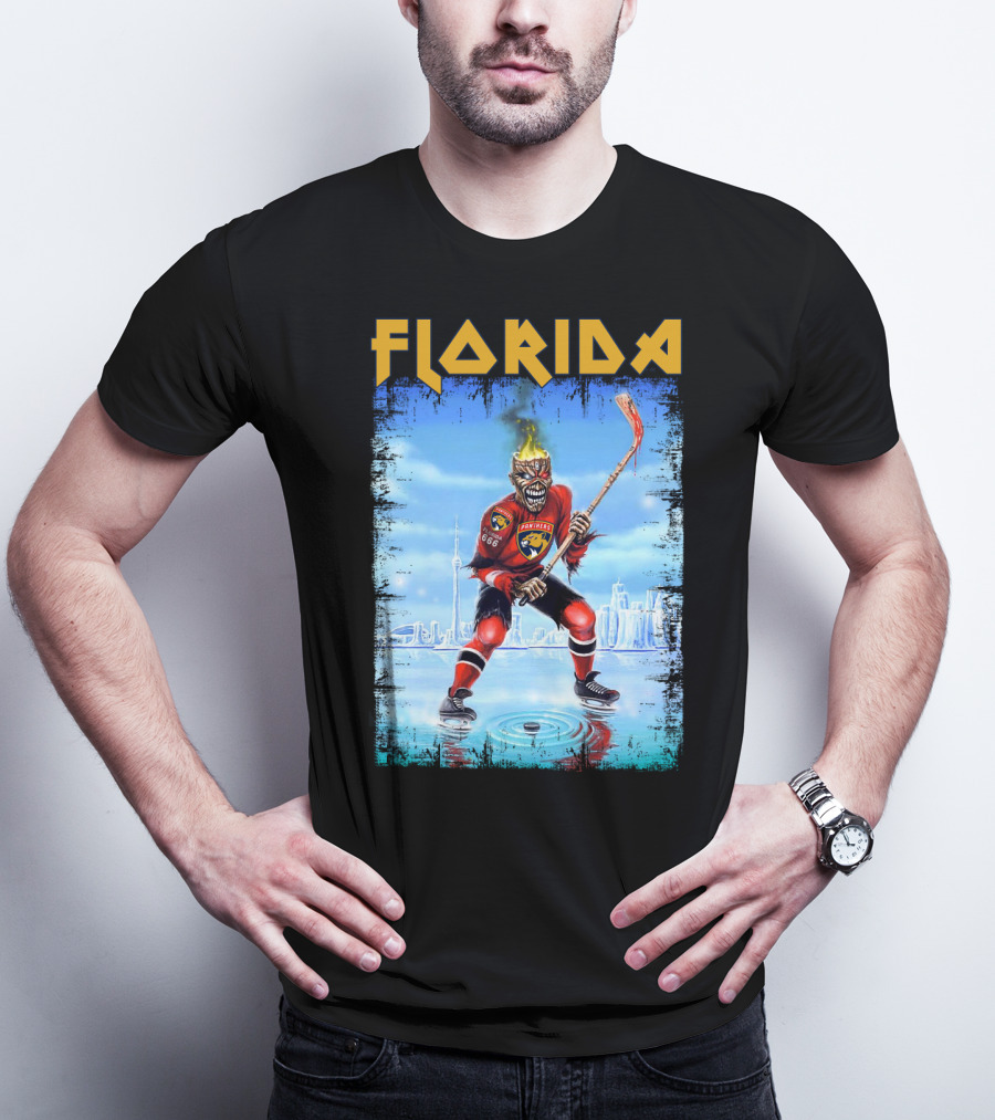 Florida Panthers Hockey Florida Ice Skeleton Hockey Player Flames T-Shirt