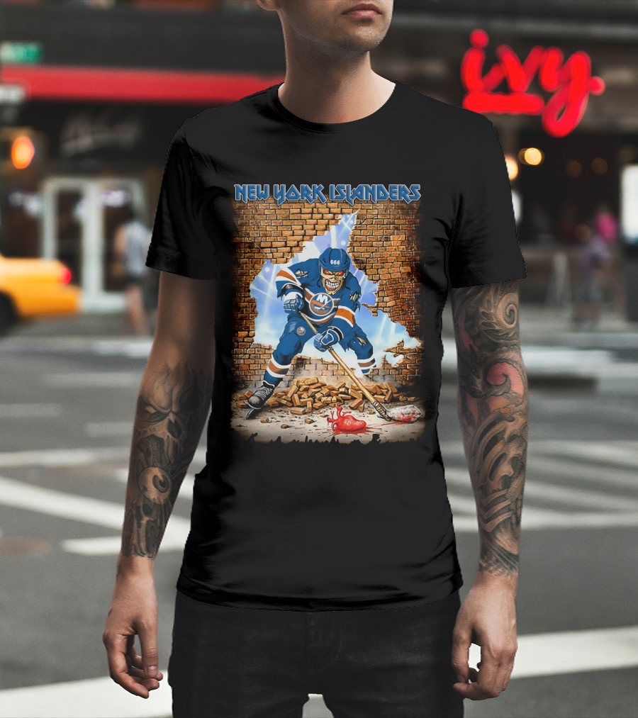 New York Islanders Intense Hockey Player In Action With Brick Wall T-Shirt
