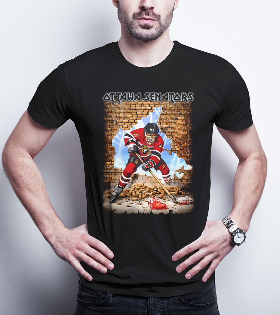 Ottawa Senators Skeleton Hockey Player Breaking Through Brick Wall T-Shirt