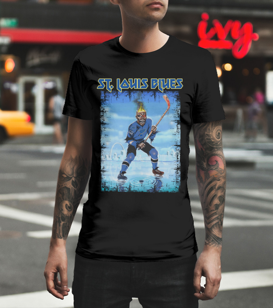 ST. LOUIS BLUES Hockey Player With Fiery Head And Ice Arena Background T-Shirt