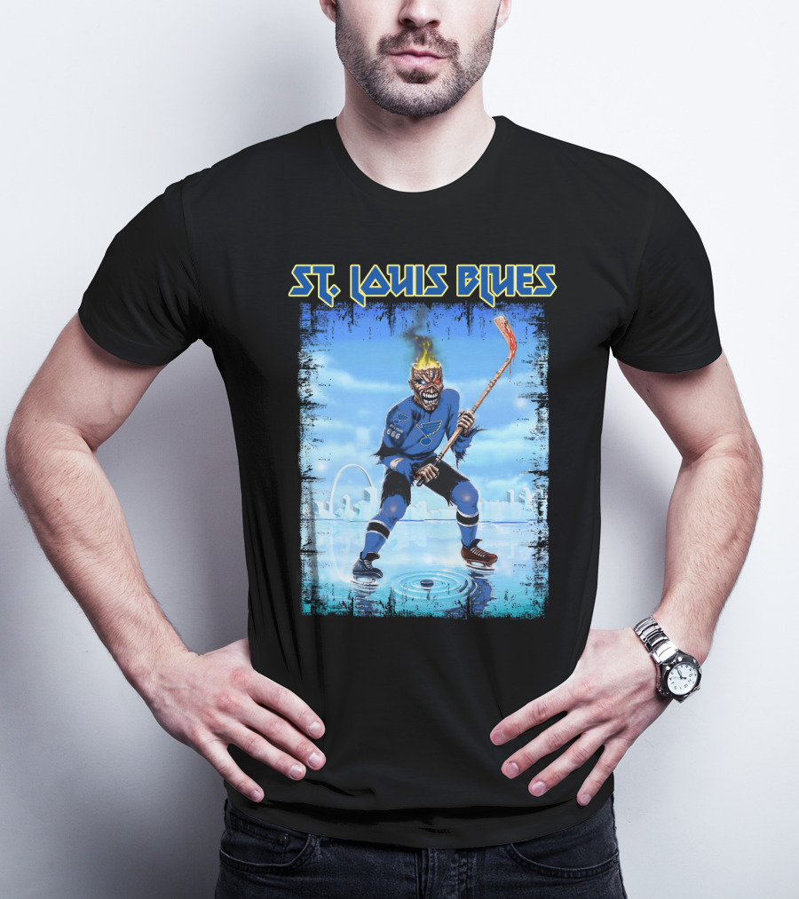 ST. LOUIS BLUES Hockey Player With Fiery Head And Ice Arena Background T-Shirt