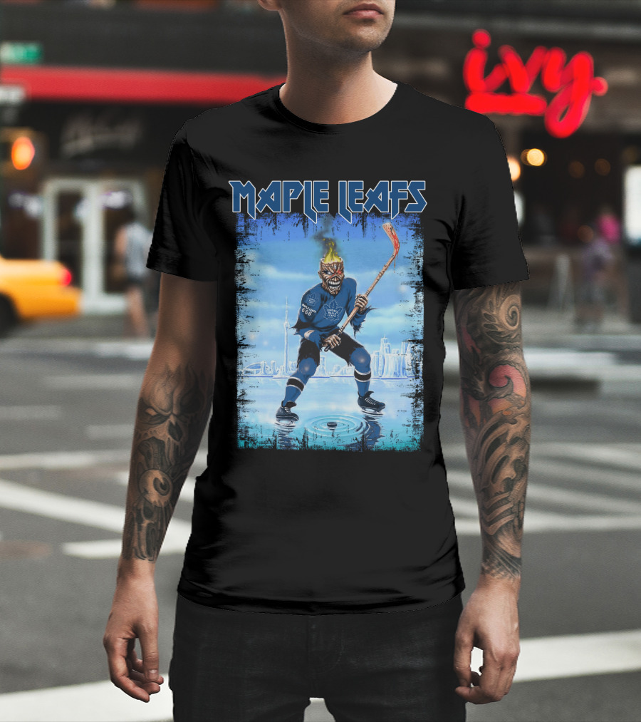 Maple Leafs Hockey Player With Fiery Skull And Hockey Stick On Ice In Front Of City Skyline T-Shirt