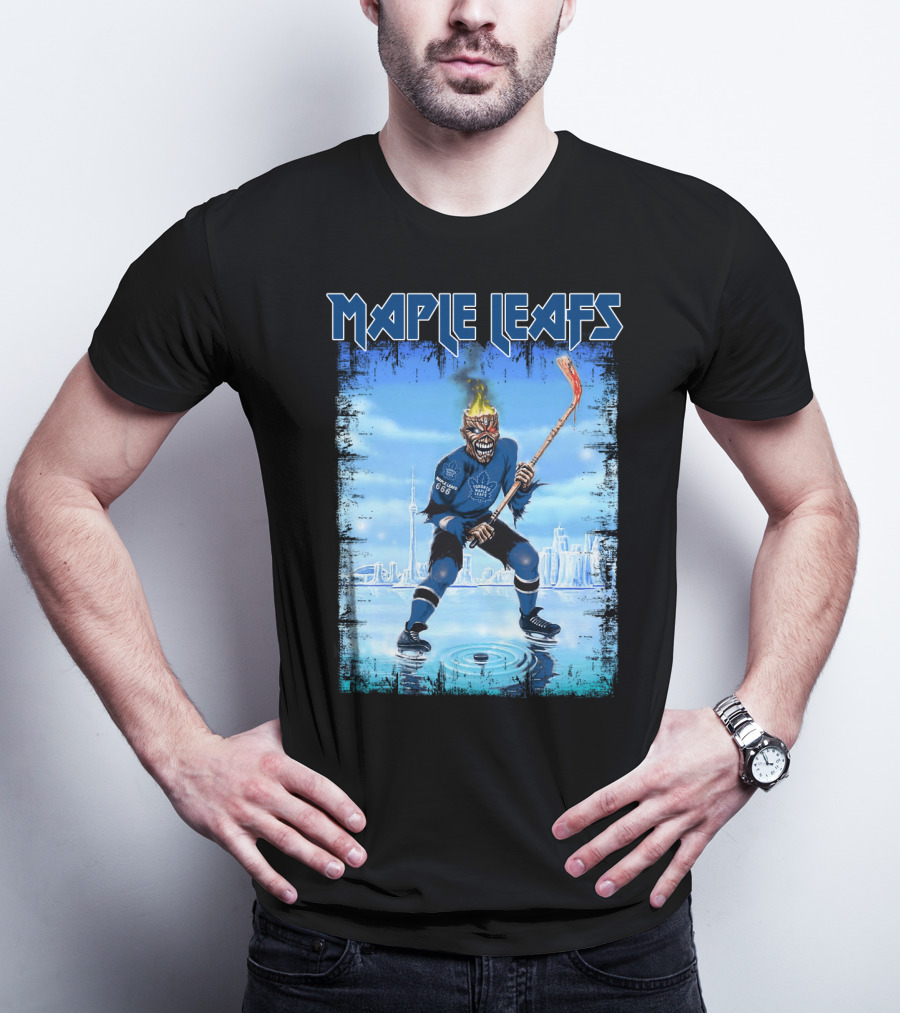 Maple Leafs Hockey Player With Fiery Skull And Hockey Stick On Ice In Front Of City Skyline T-Shirt