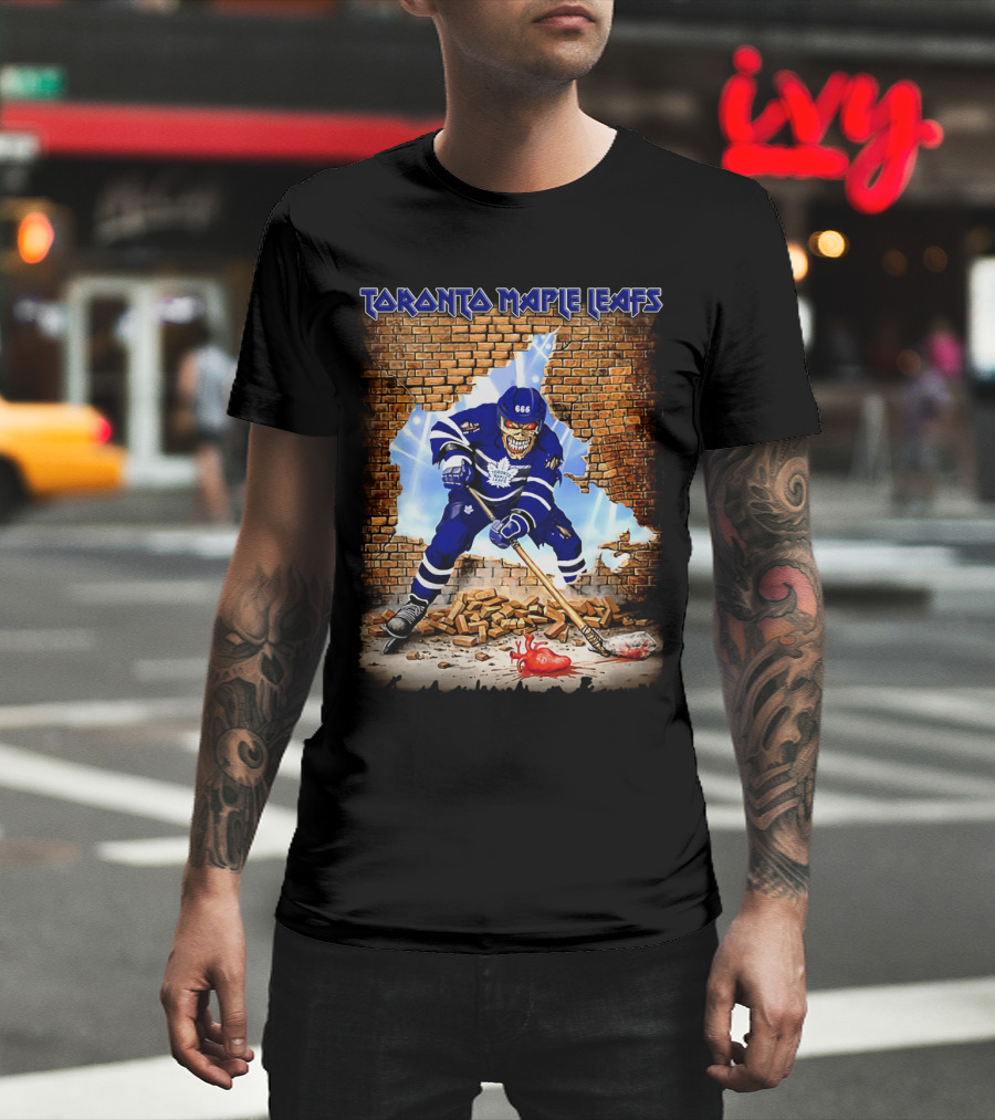 Toronto Maple Leafs Hockey Player Skeleton Breaking Brick Wall T-Shirt