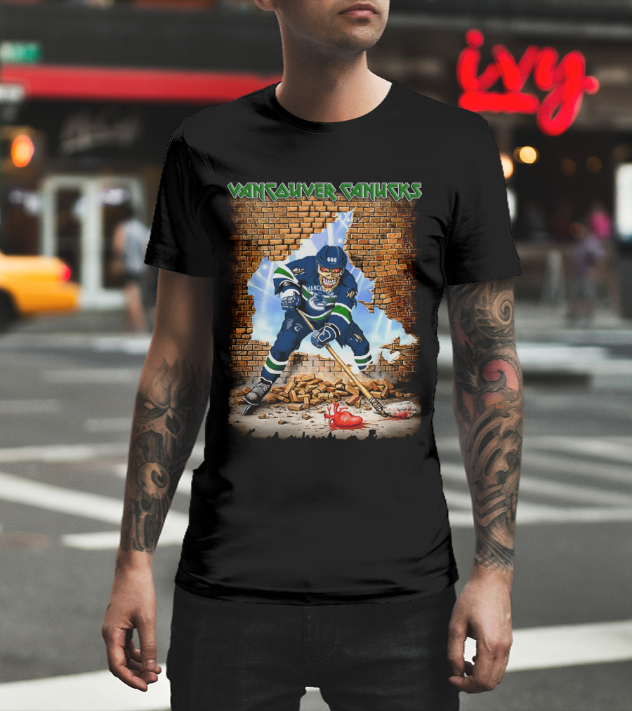 Vancouver Canucks Hockey Player Breaking Through Wall With Skull Mask And 666 Helmet T-Shirt