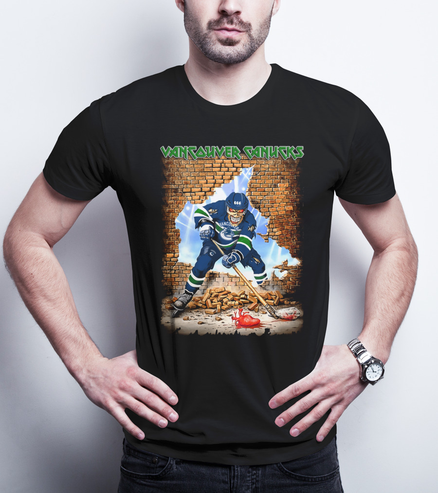 Vancouver Canucks Hockey Player Breaking Through Wall With Skull Mask And 666 Helmet T-Shirt