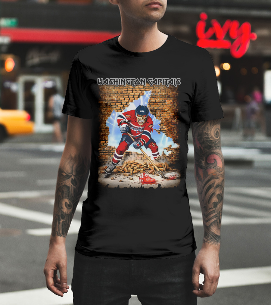 Washington Capitals Hockey Player Skull Brick Wall Artwork T-Shirt