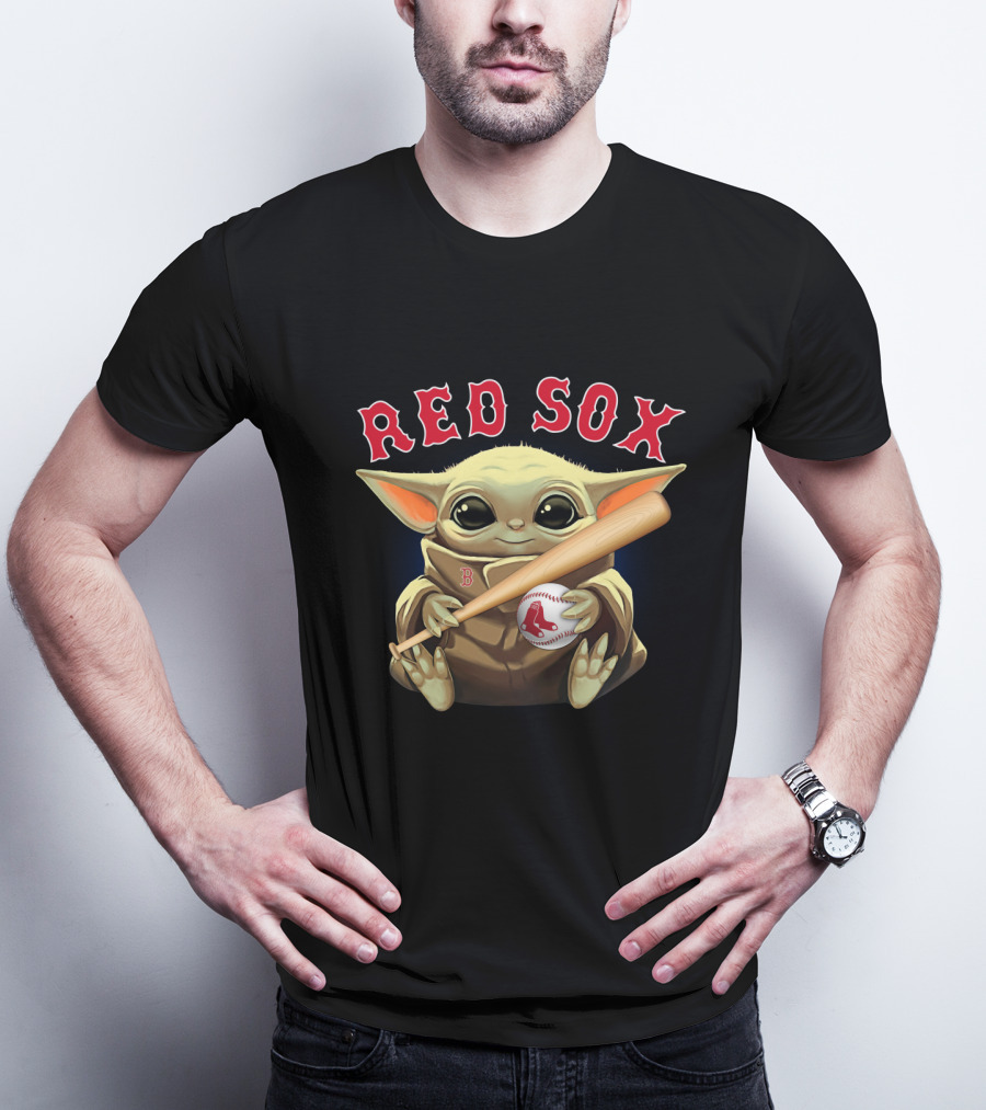 Boston Red Sox Baby Yoda Holding Baseball And Bat T-Shirt