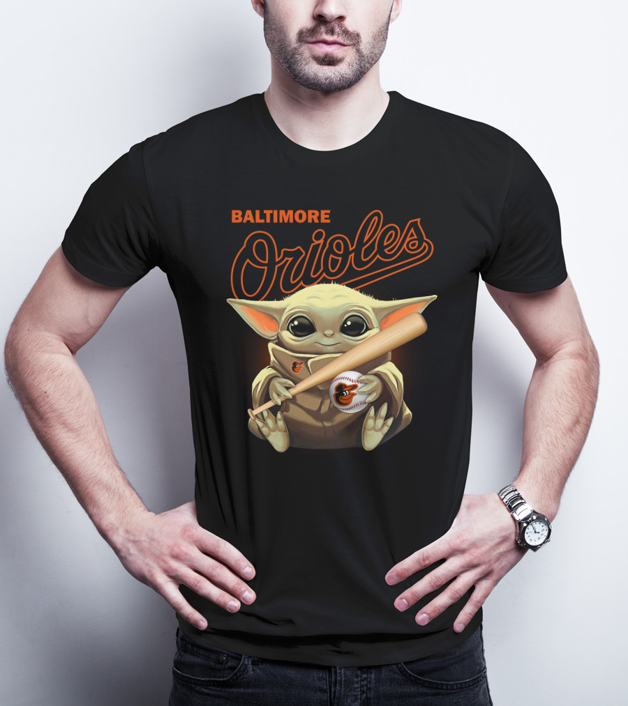 Baltimore Orioles Baby Yoda Holding Baseball And Bat T-Shirt