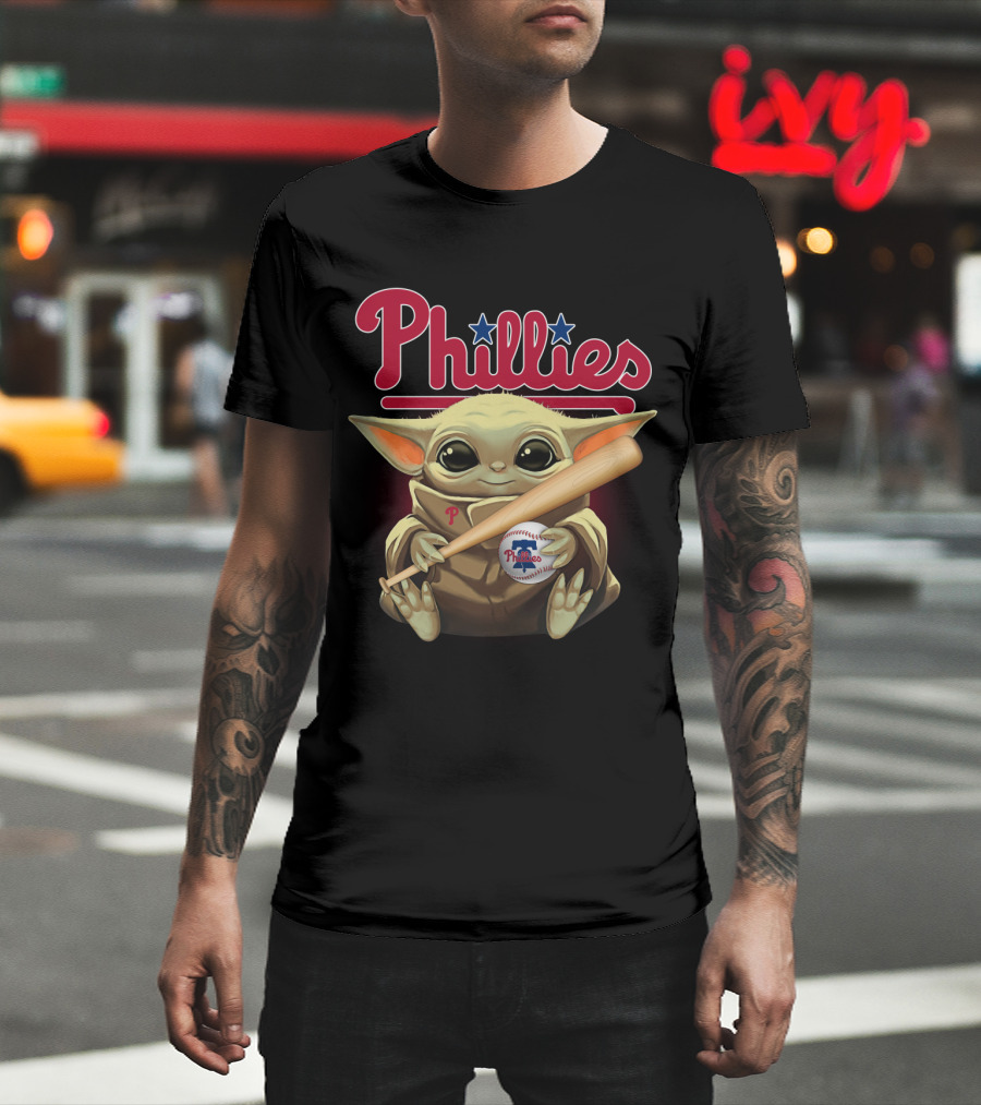 Phillies Baby Yoda With Bat And Baseball T-Shirt