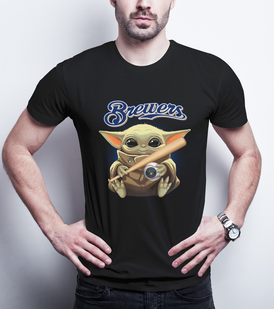 Milwaukee Brewers Baby Yoda Holding Baseball And Bat T-Shirt