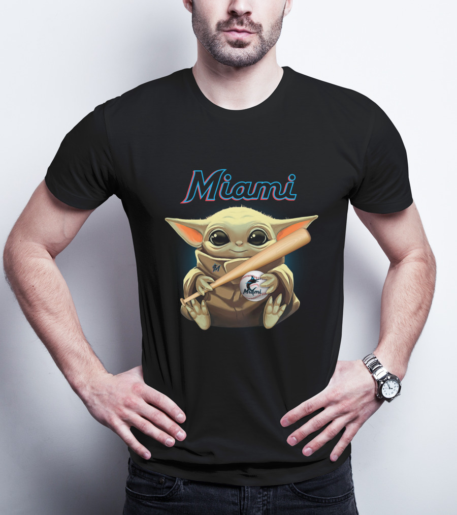 Miami Marlins Baby Yoda Baseball Bat And Ball T-Shirt