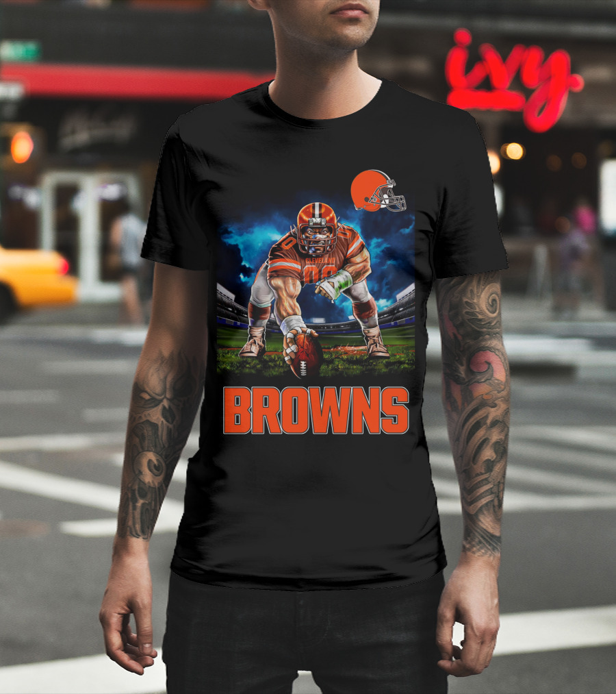 Cleveland Browns Nfl 3 Point Stance Football Player Stadium Scene T-Shirt