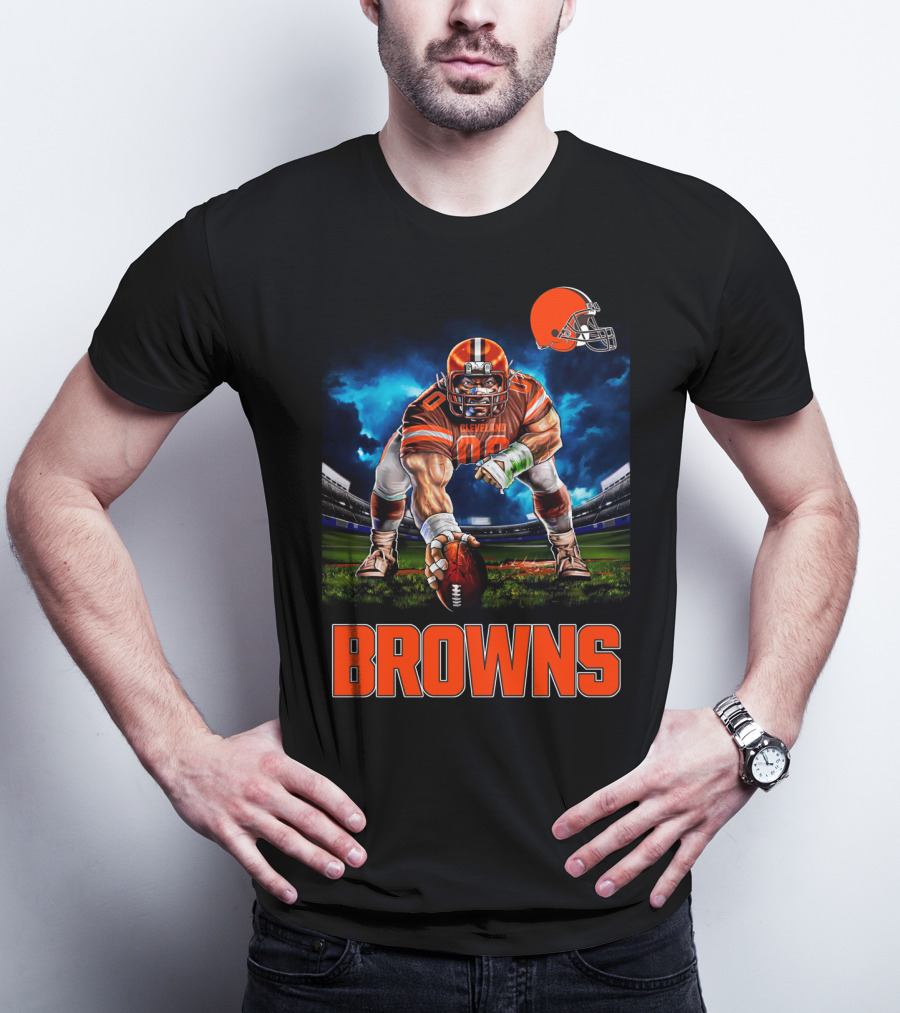 Cleveland Browns Nfl 3 Point Stance Football Player Stadium Scene T-Shirt