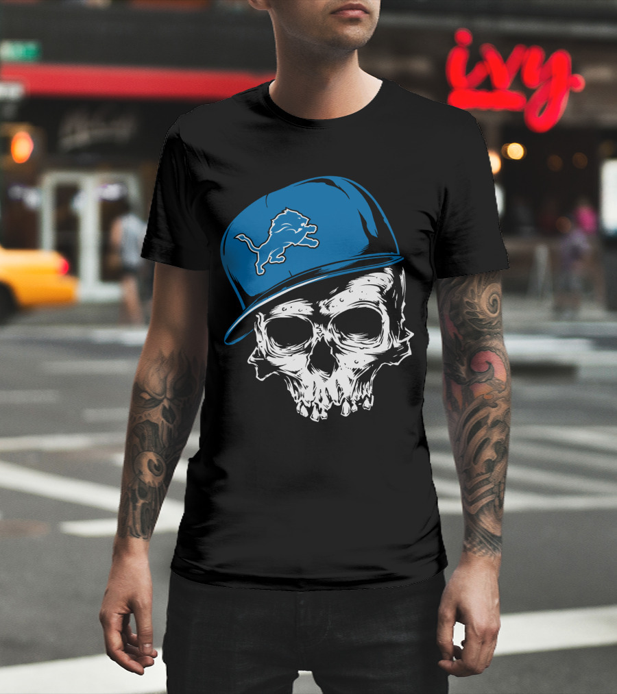 Detroit Lions Skull With Blue Cap Featuring Iconic Team T-Shirt