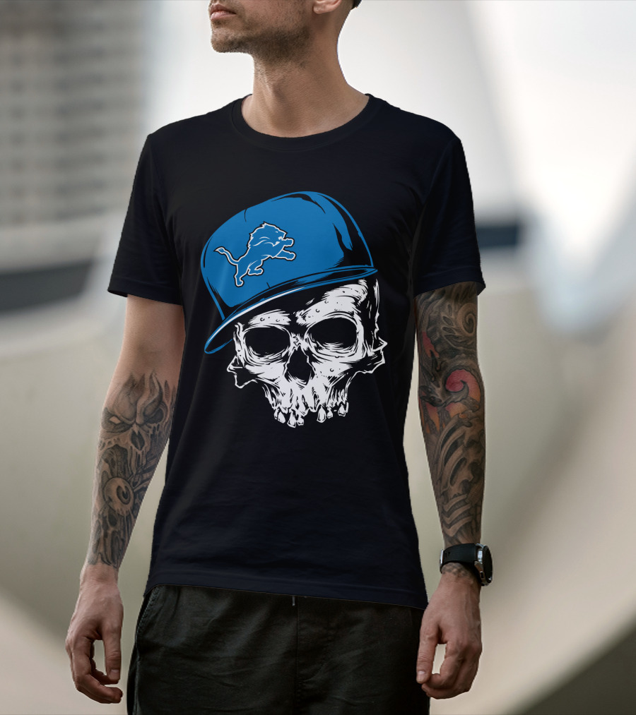 Detroit Lions Skull With Blue Cap Featuring Iconic Team T-Shirt