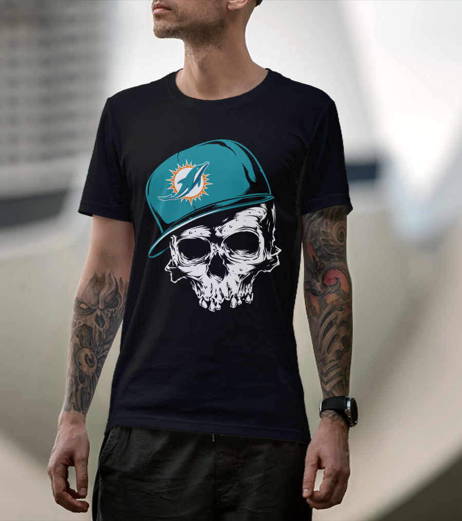 Miami Dolphins Skull With Teal Hat T-Shirt