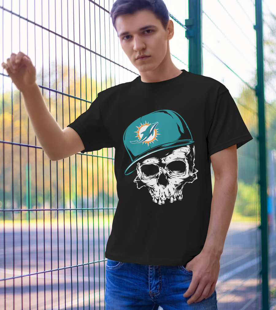Miami Dolphins Skull With Teal Hat T-Shirt