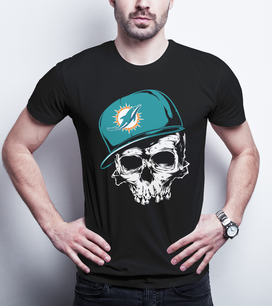 Miami Dolphins Skull With Teal Hat T-Shirt