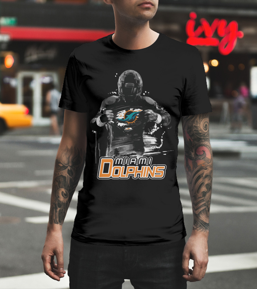 Miami Dolphins Football Hero Display With Iconic Team T-Shirt