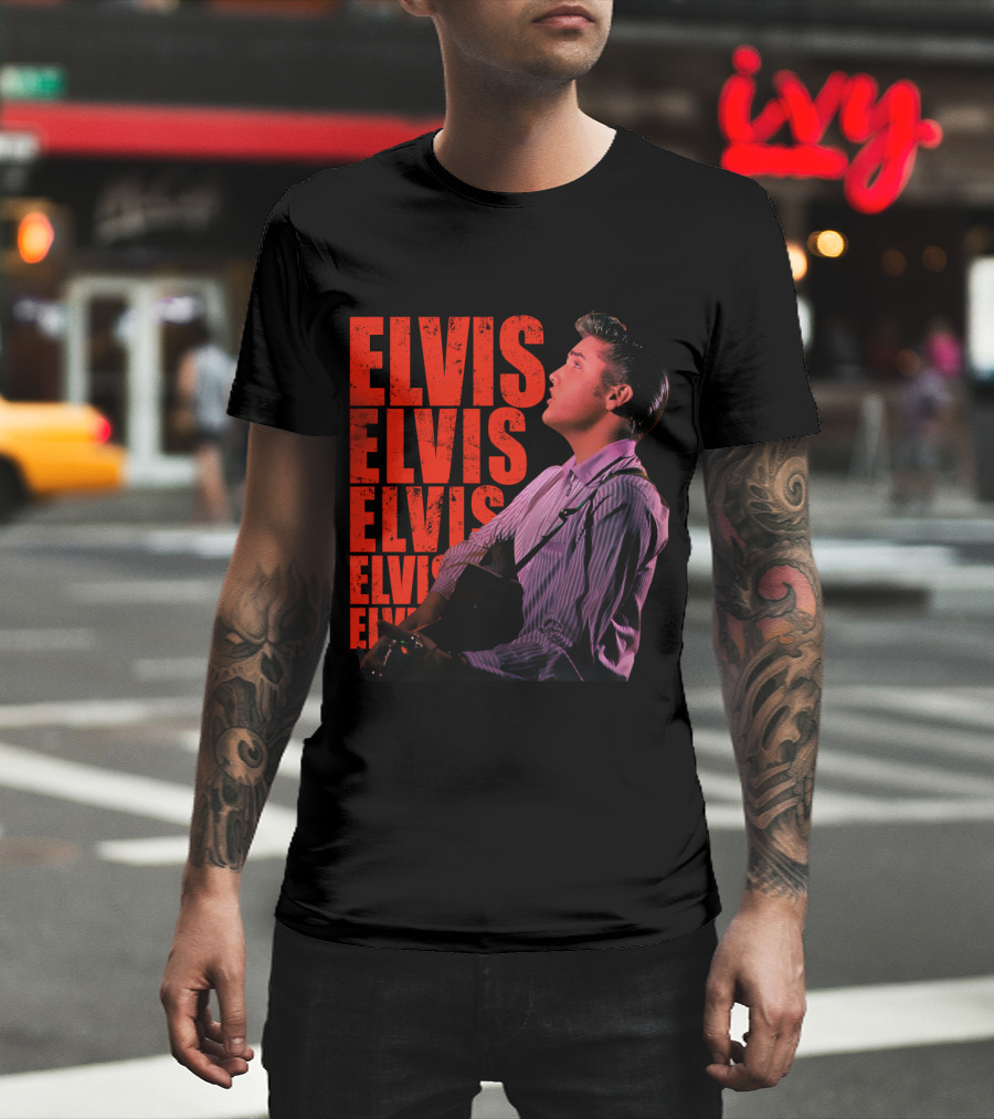 Elvis Vintage Style Portrait With Guitar T-Shirt