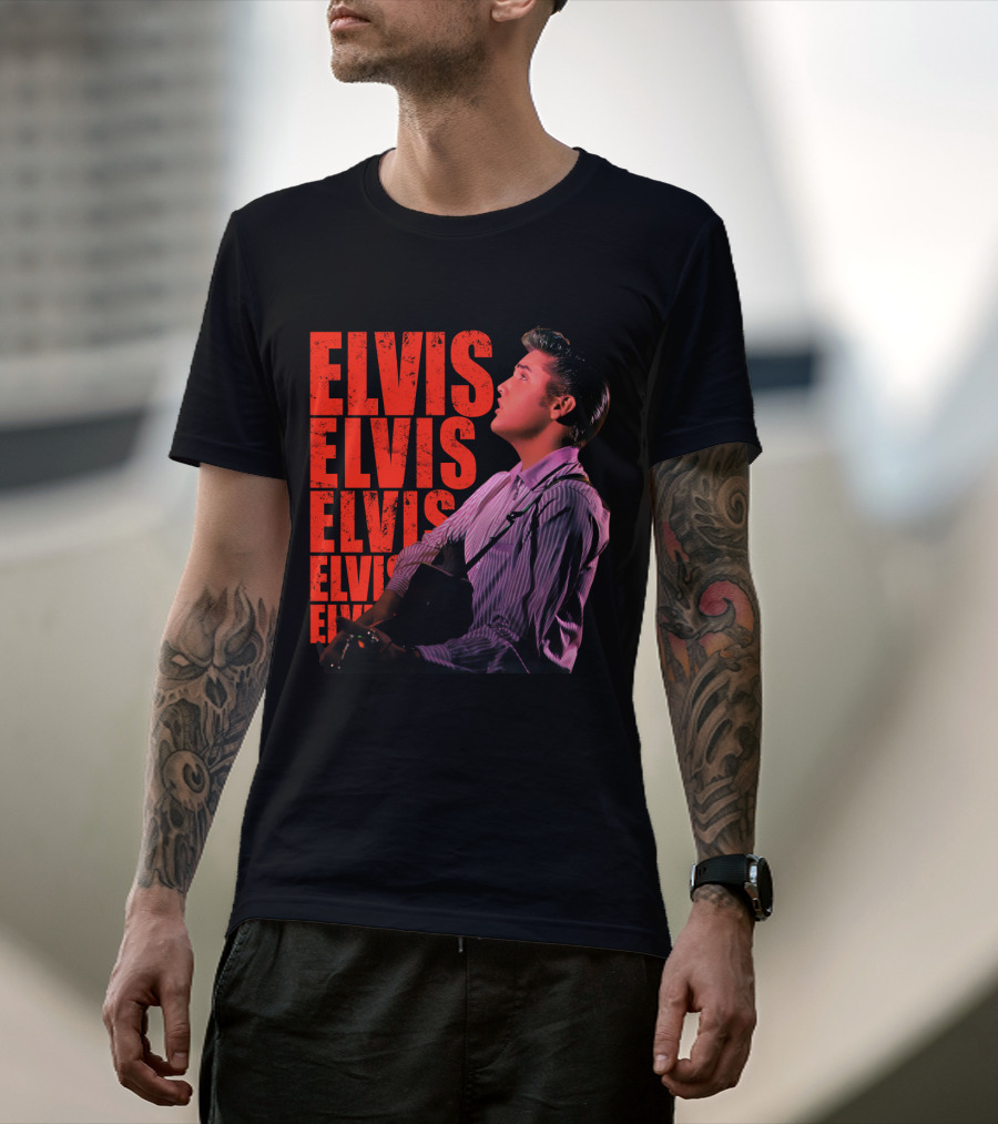 Elvis Vintage Style Portrait With Guitar T-Shirt