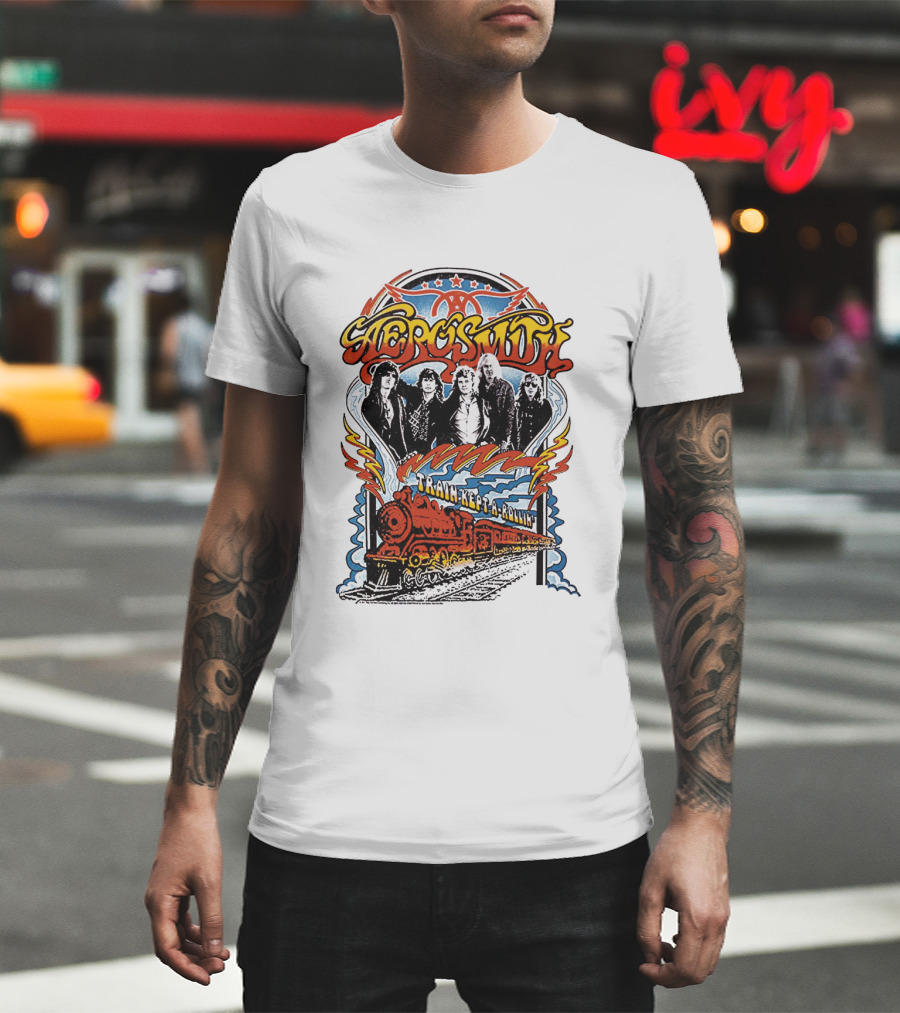 Aerosmith Train Kept A Rollin' Retro Band Graphic With Train And Stars T-Shirt
