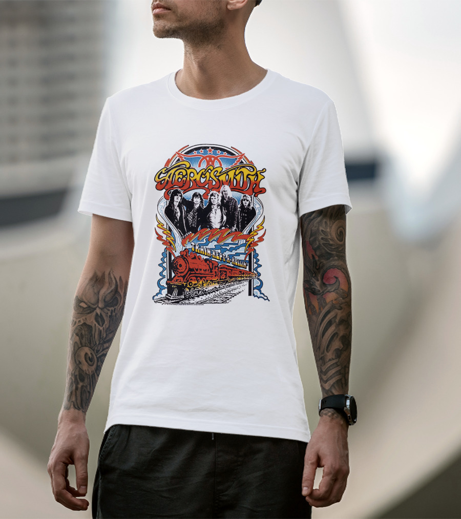 Aerosmith Train Kept A Rollin' Retro Band Graphic With Train And Stars T-Shirt