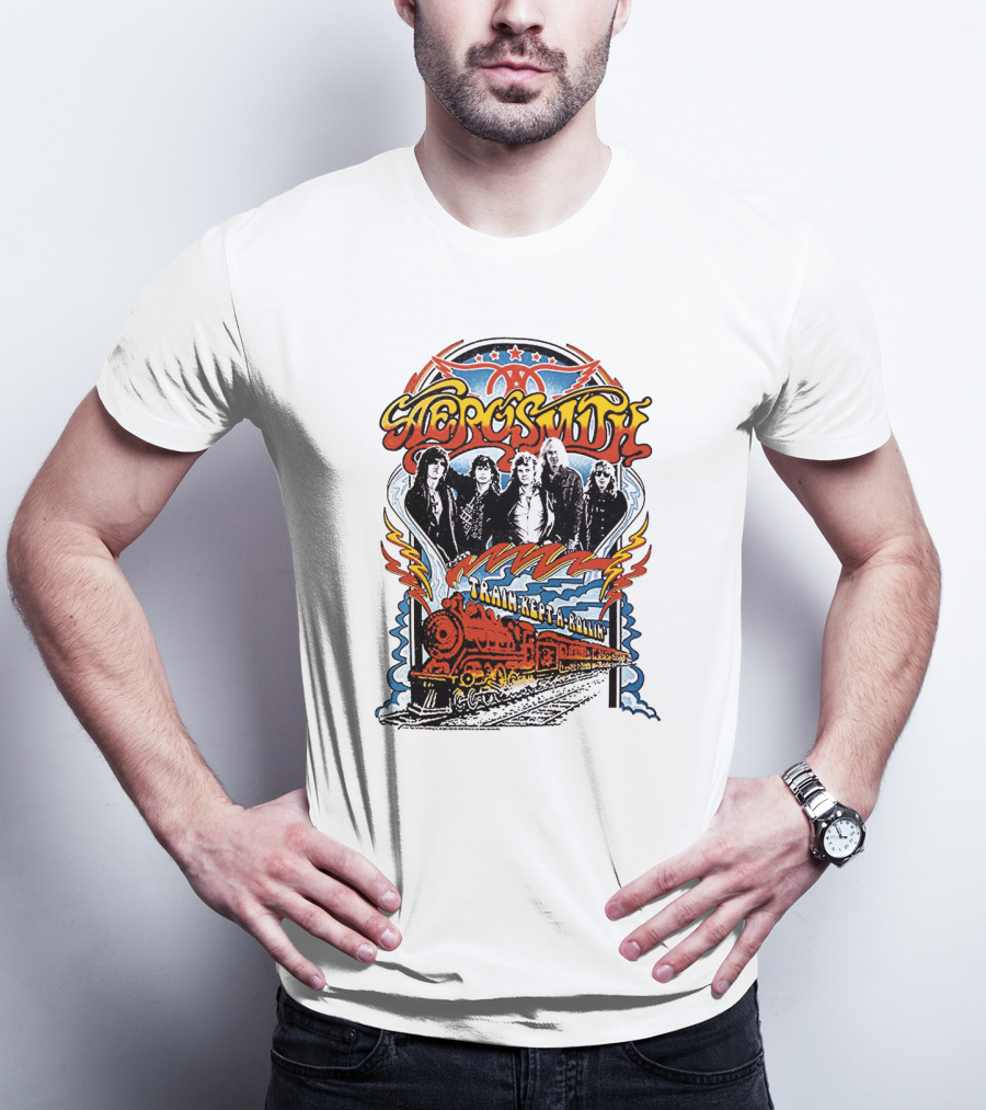 Aerosmith Train Kept A Rollin' Retro Band Graphic With Train And Stars T-Shirt