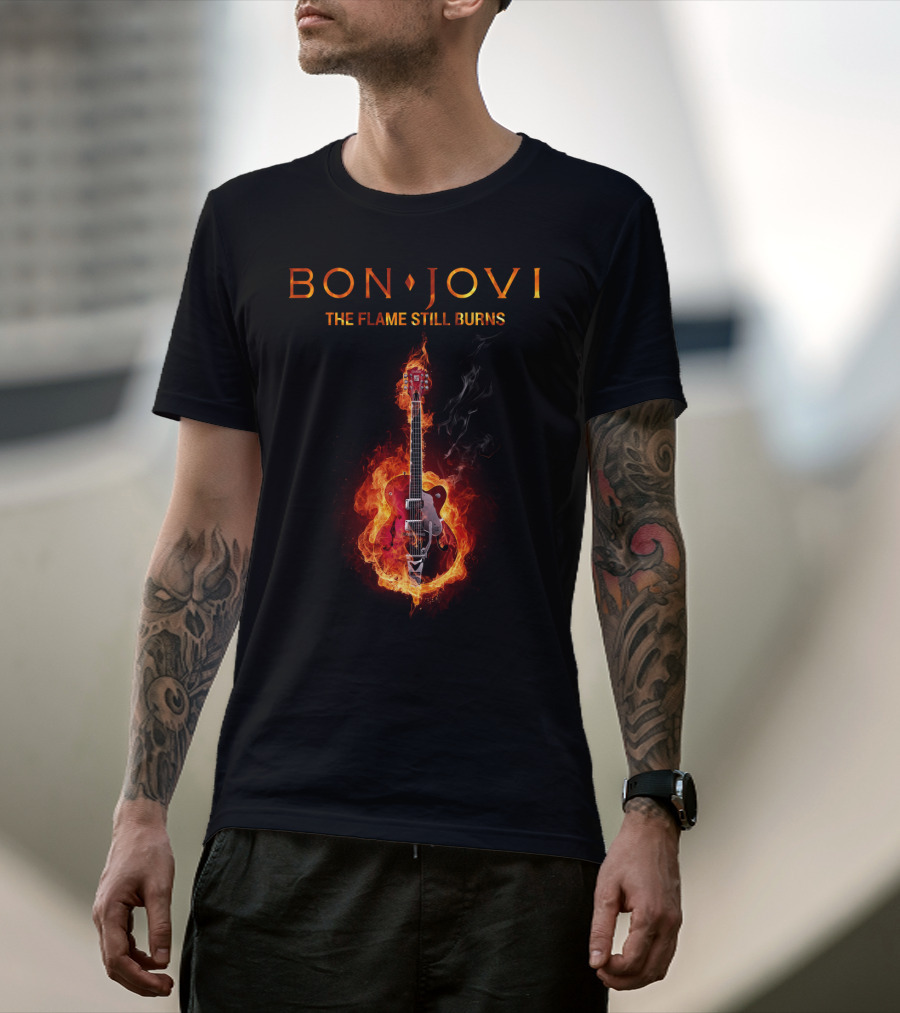 BON JOVI THE FLAME STILL BURNS Guitar On Fire T-Shirt