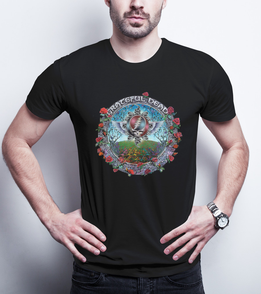 Grateful Dead Winged Steal Your Face Skull With Roses And Psychedelic Nature Scene T-Shirt