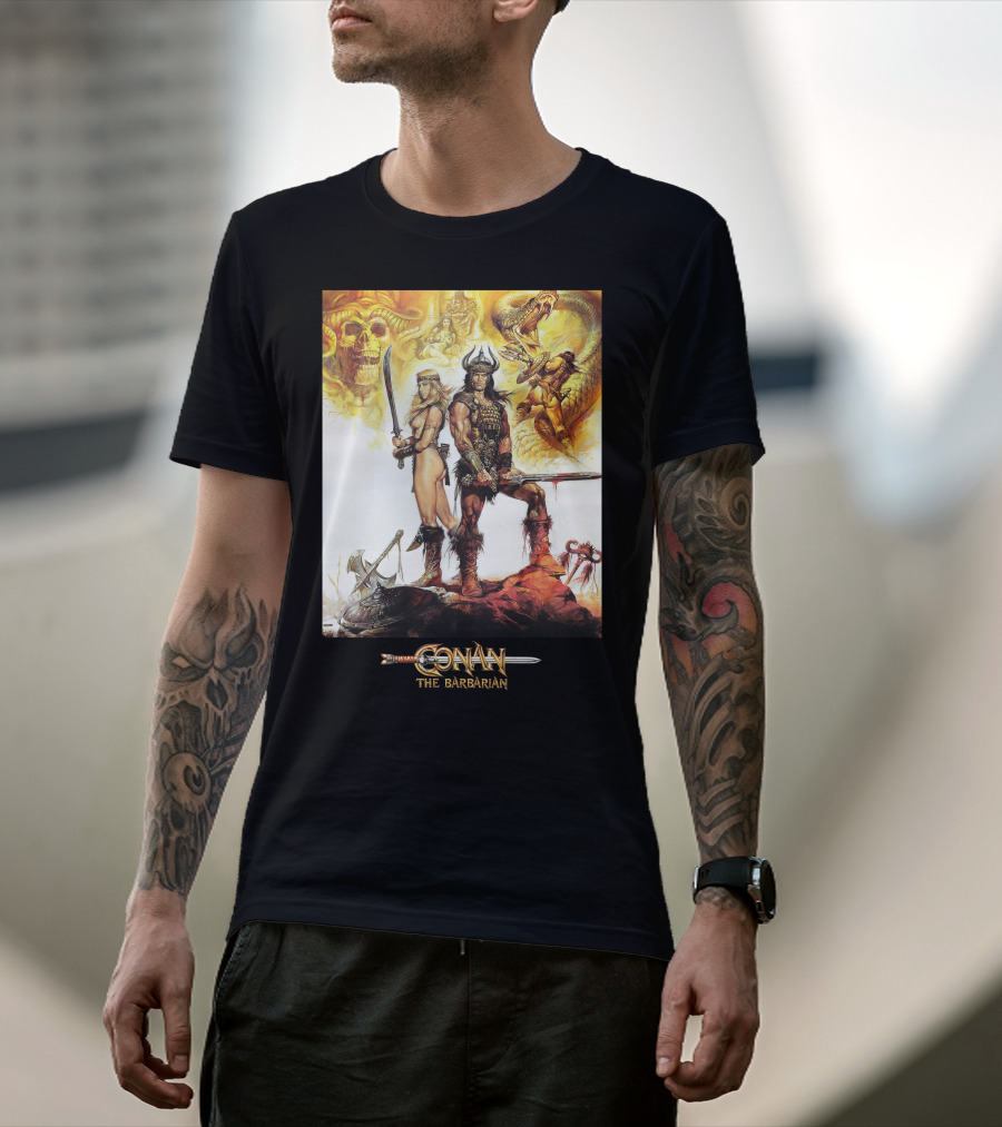 Conan The Barbarian Sword Skulls Warrior Fantasy Art T-Shirt