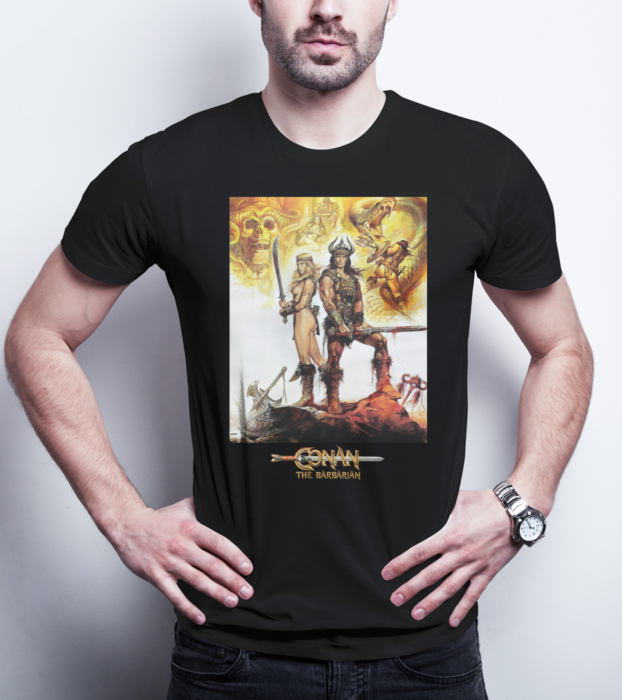 Conan The Barbarian Sword Skulls Warrior Fantasy Art T-Shirt